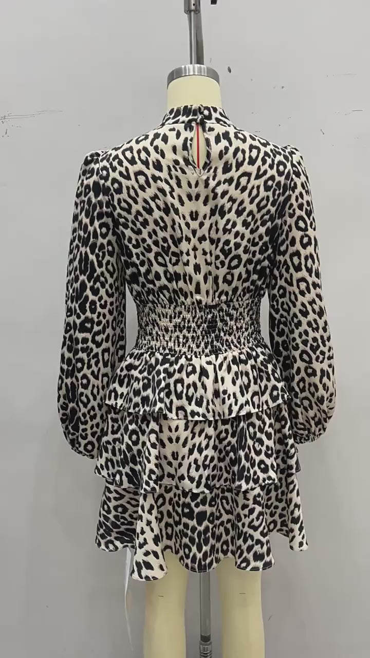 Women Clothing Spring Autumn Chiffon Leopard Print Bubble Long Sleeve ...